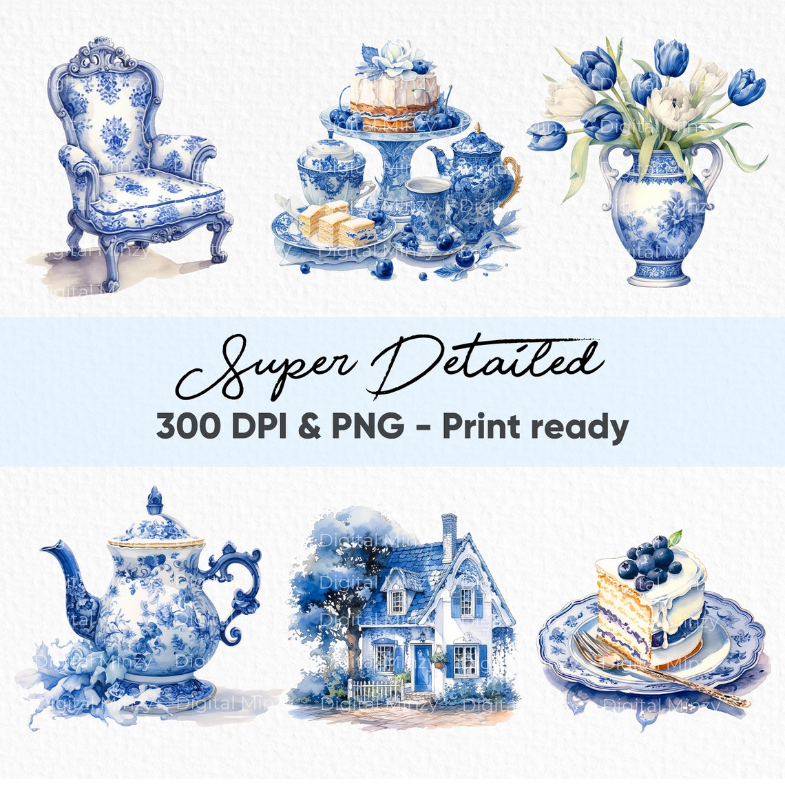 35 Delft Blue Cottage Clipart, Watercolor Farmhouse Clip Art Bundle ...