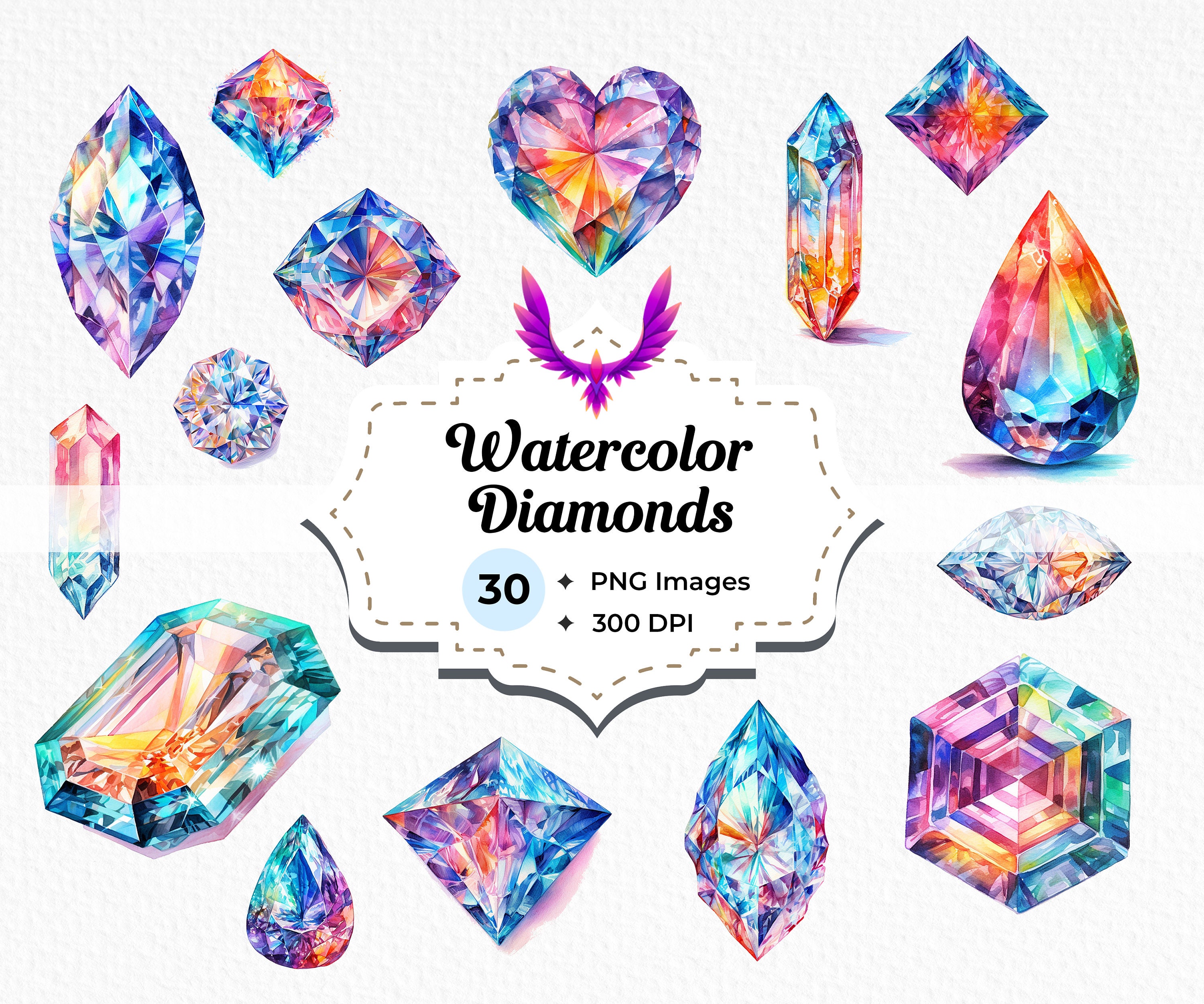 30 Watercolor Diamonds Clipart, Hand Drawn, Watercolor Diamond ...