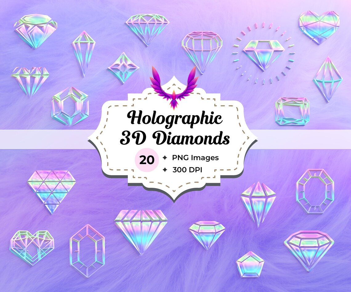 20 Holographic 3D Diamonds, High Quality Diamond Clipart Set, Cute ...