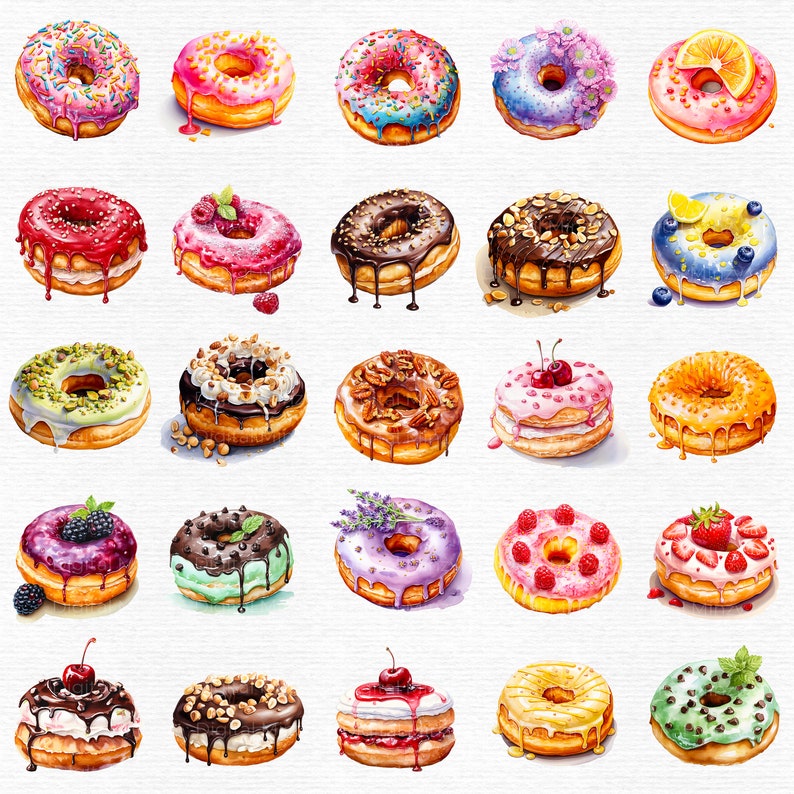 25 Watercolor Donuts Clipart, Donut PNG, Baking Clipart, Dessert ...