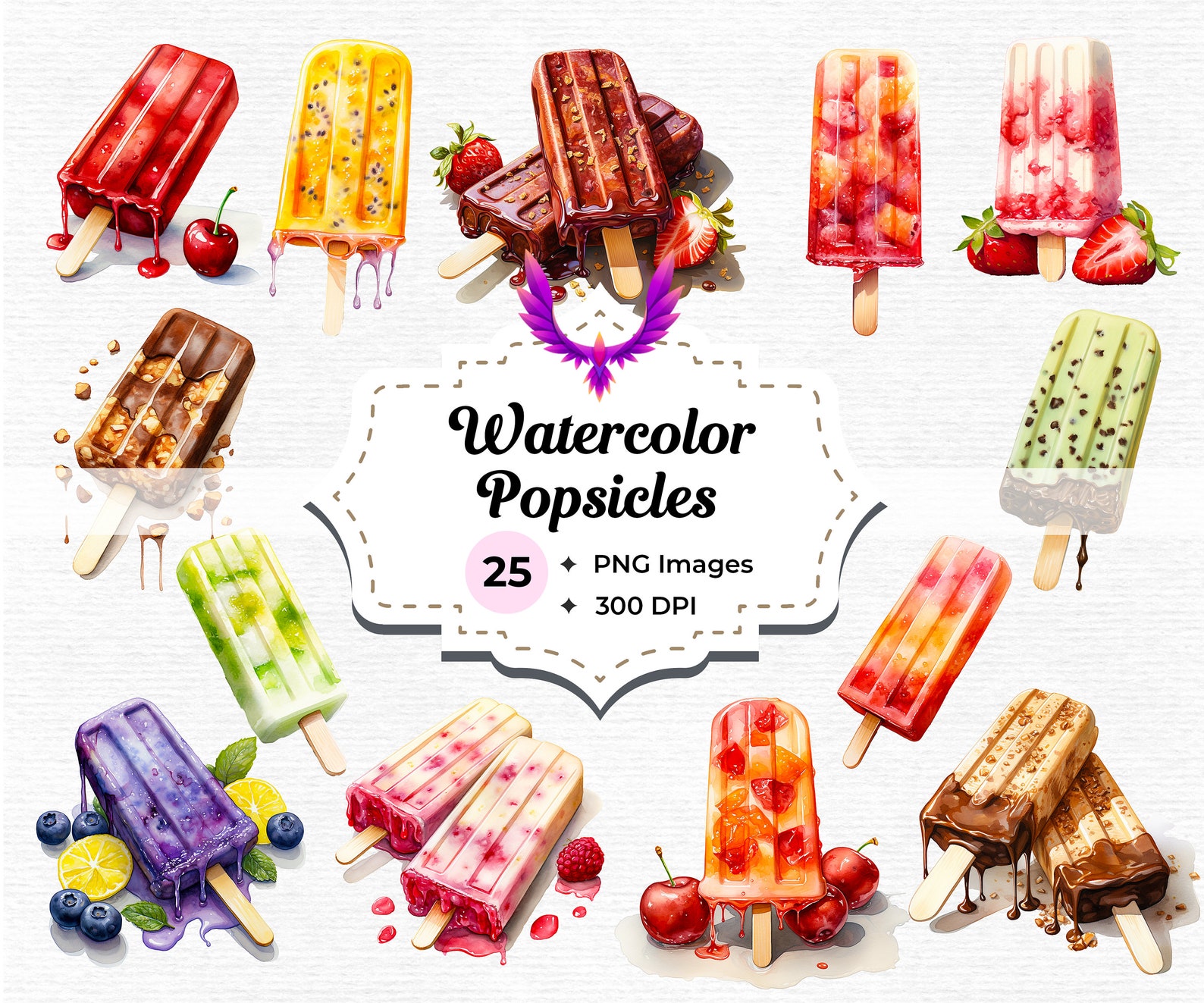 25 Watercolor Popsicles Clipart, Dessert Download, Instant Download ...