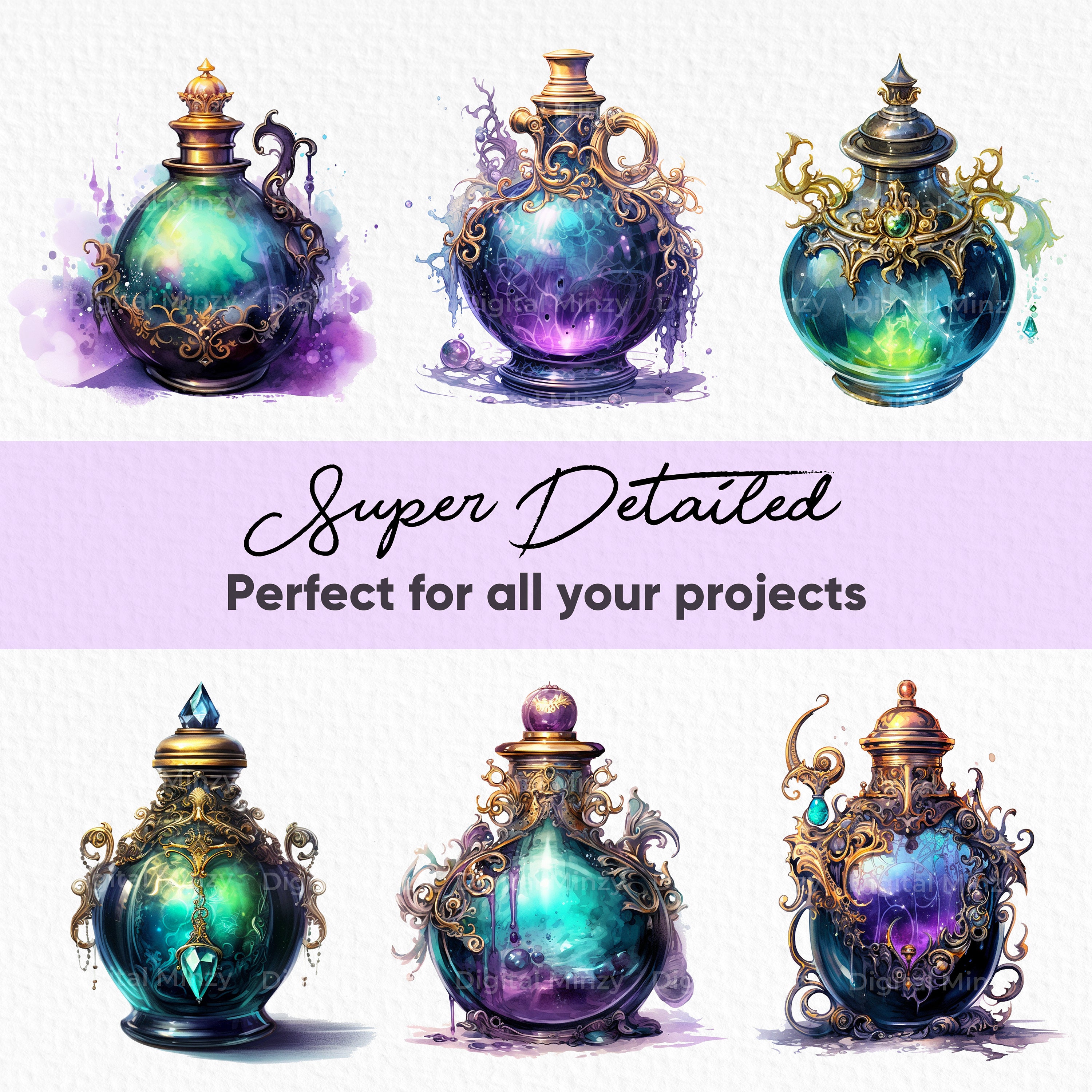 25 Witches Potion Bottles Clipart, Watercolor Magic Potion, Fantasy ...