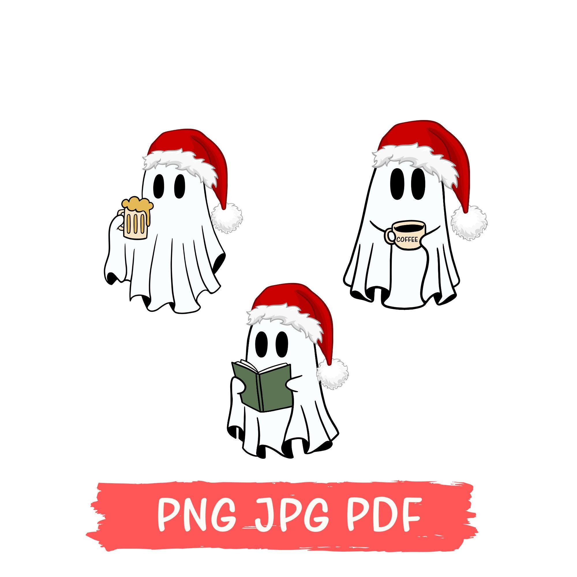 Santa Ghost Bundle PNG, Christmas Ghost Coffee Png, Ghost Reading Png ...