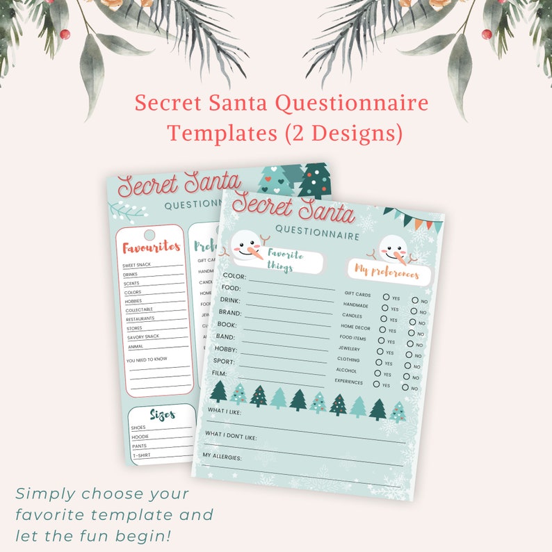 Secret Santa Questionnaire for Teachers and Coworkers, Printable ...