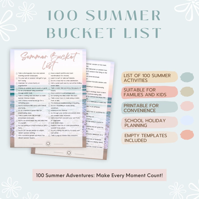 100 Printable Summer Bucket List Summer Activities Checklist, Summer ...