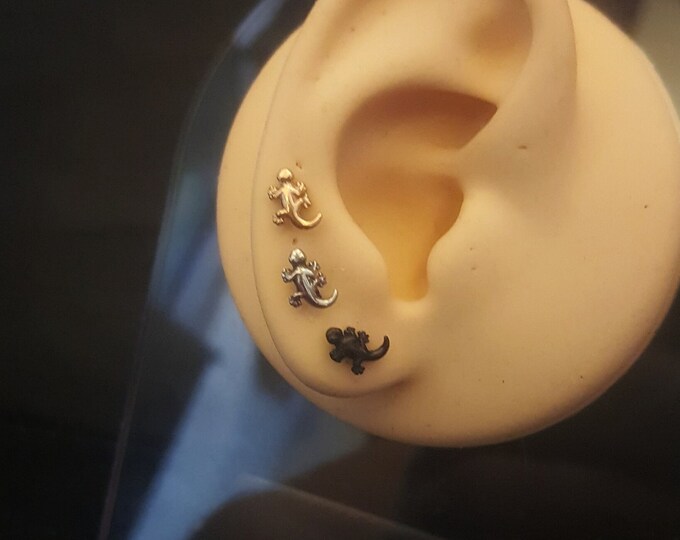 Tiny Silver Lizard on a Customized Jewelry Post. Perfect for Helix, Cartilage, Tragus or Labret ...