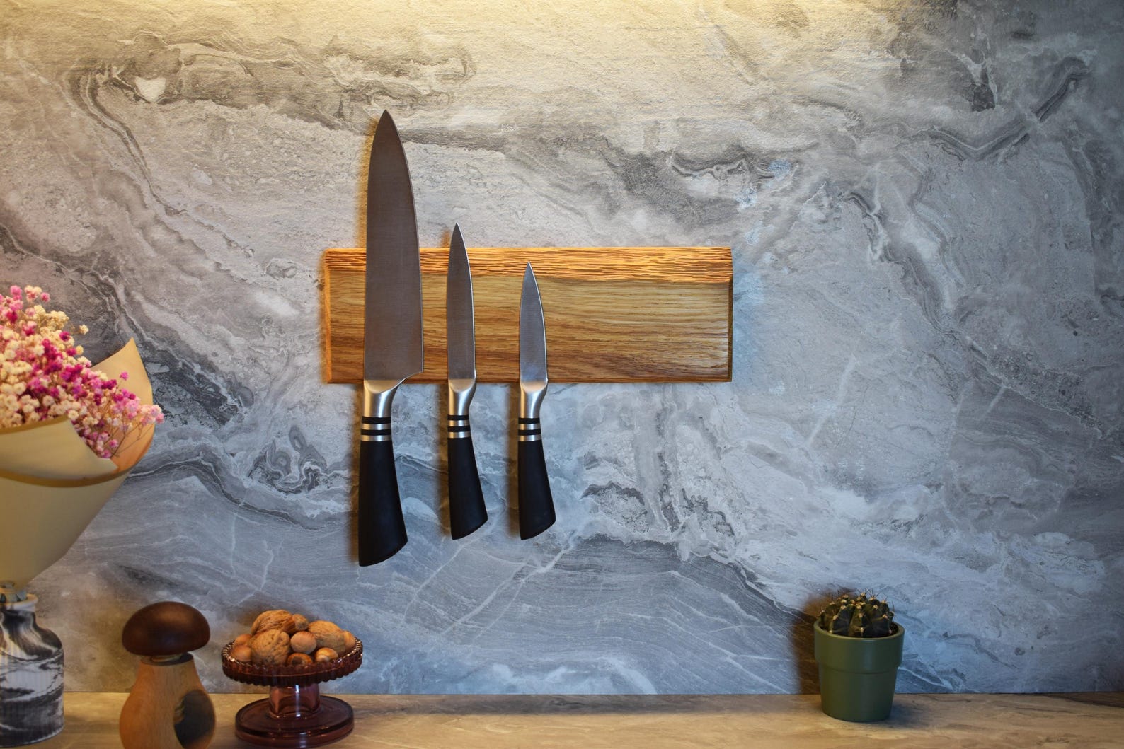 Rustic Oak Magnetic Knife Holder 12 Inch Wall-mounted Wooden Rack for 5 ...
