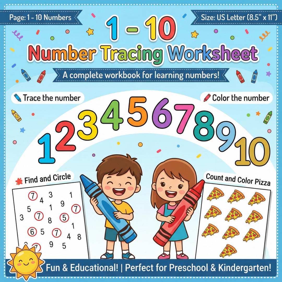 Number Tracing Worksheets 1-10, Preschool Counting Activity ...