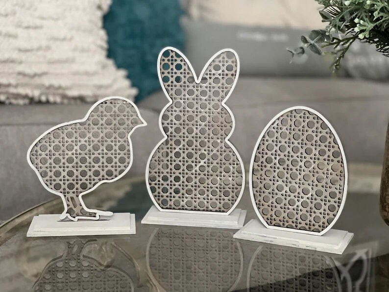 Rattan Cane Easter Set of Bunny, Chick and Egg, Set of 3 on Stands ...