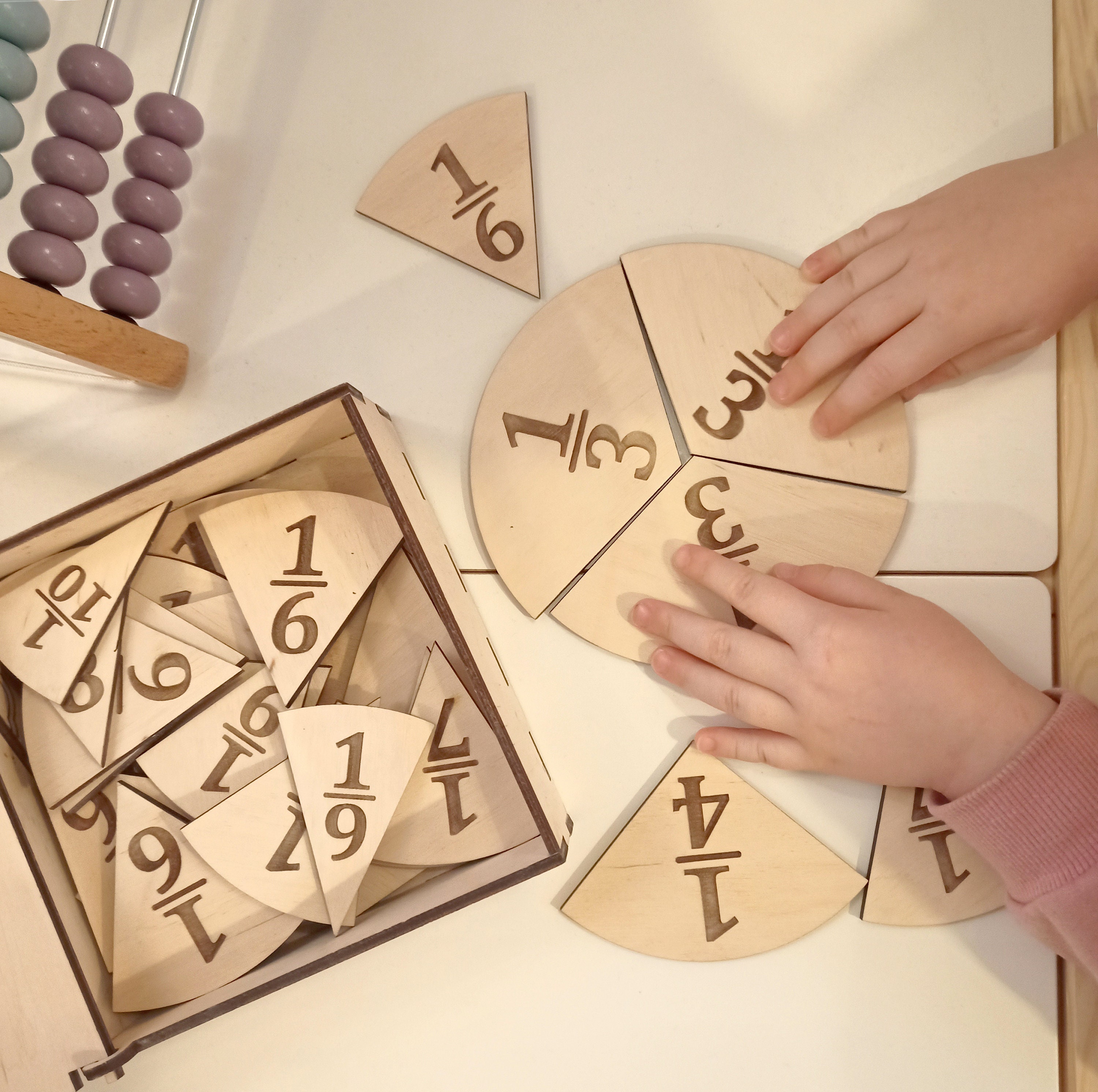 Montessori Fraction Set: Natural Birch Wood, Laser Precision ...