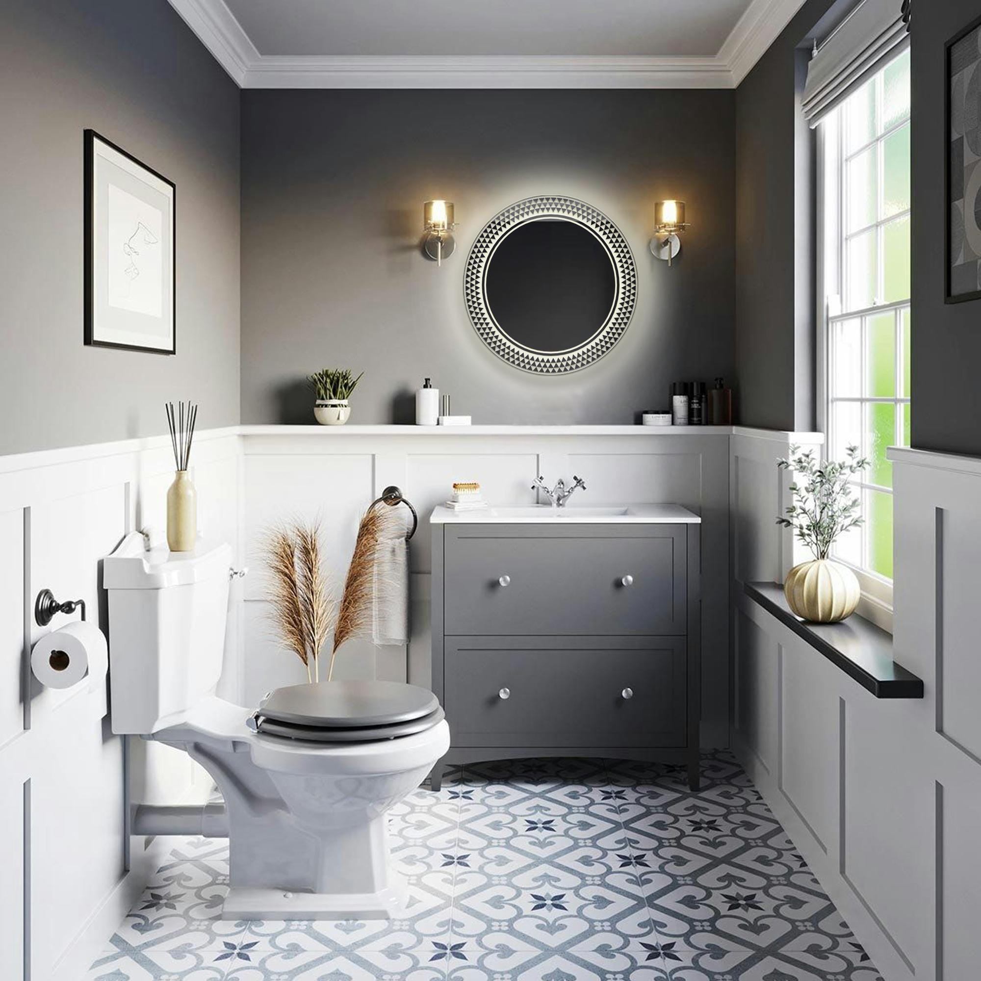 LED Round Wall Mirror With Geometric Backlit Design for Modern Bathroom ...