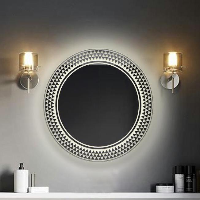 LED Round Wall Mirror With Geometric Backlit Design for Modern Bathroom ...