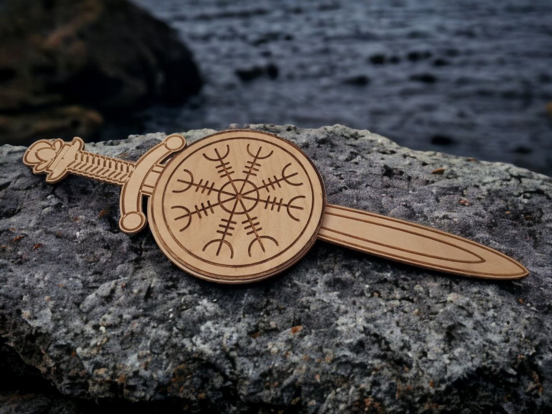 Viking Sword & Shield Wall Decor - Engraved Helm of Terror Symbol ...
