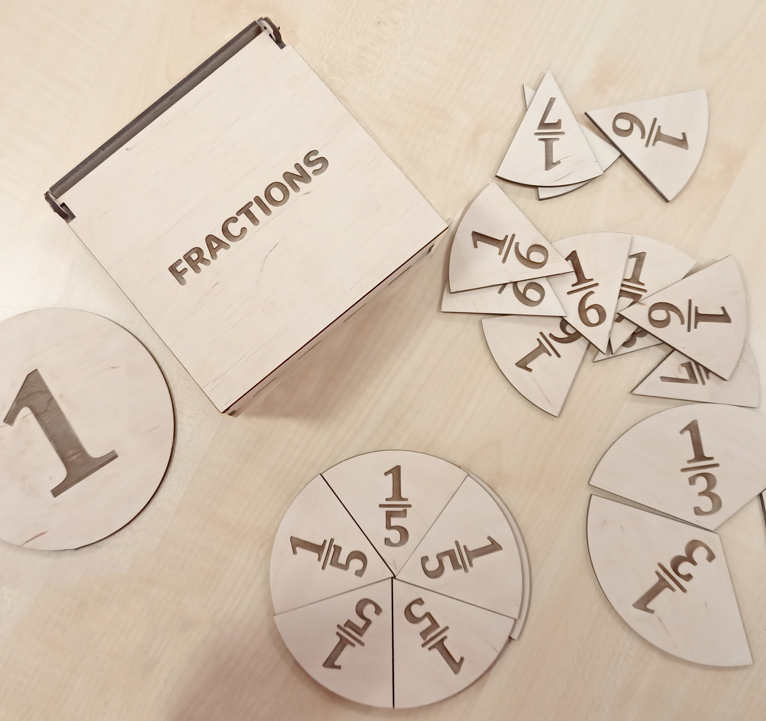 Montessori Fraction Set: Natural Birch Wood, Laser Precision ...