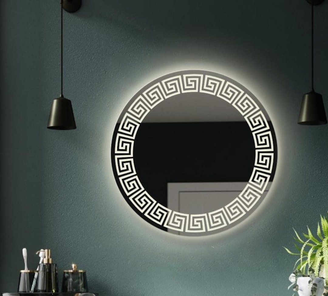 Greek Key LED Wall Mirror – Engraved Vanity Mirror With Backlight ...