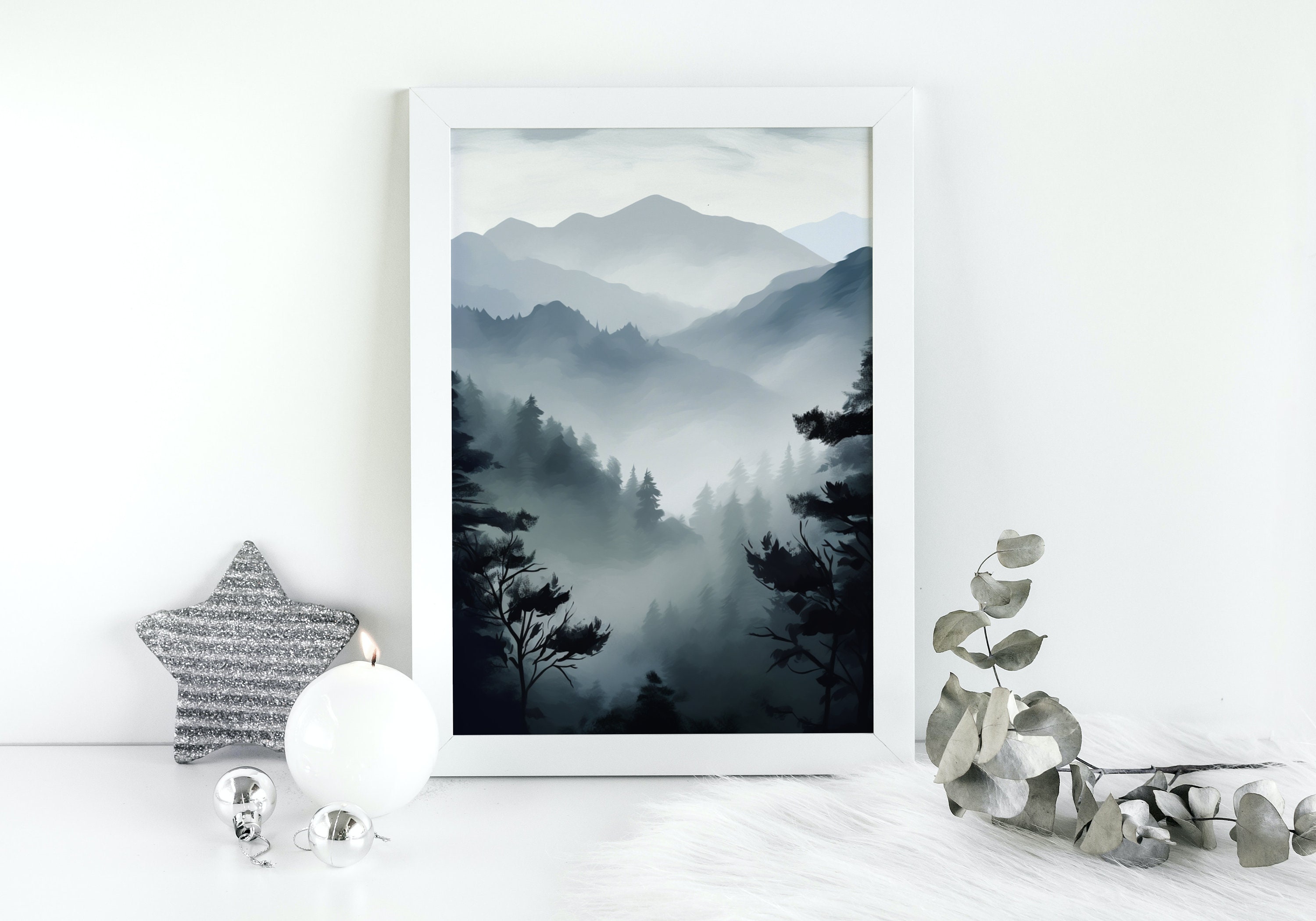 Foggy Mountain Art, Serene Prints, Monochrome Wall Art, Calming Corner ...