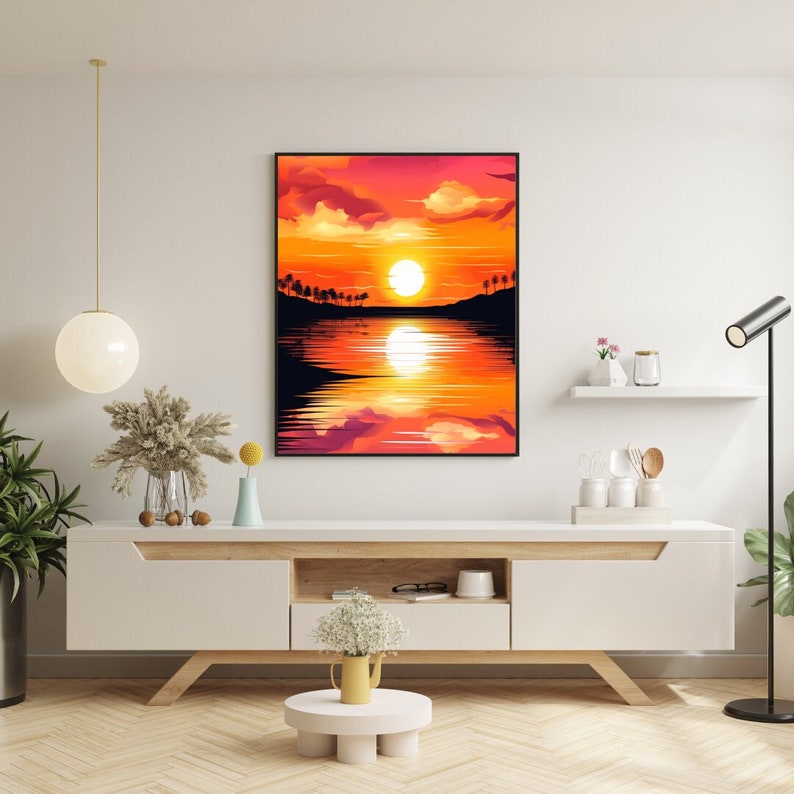 Orange Sunset Painting, Sun Reflection on Water, Colourful Sunset Wall ...