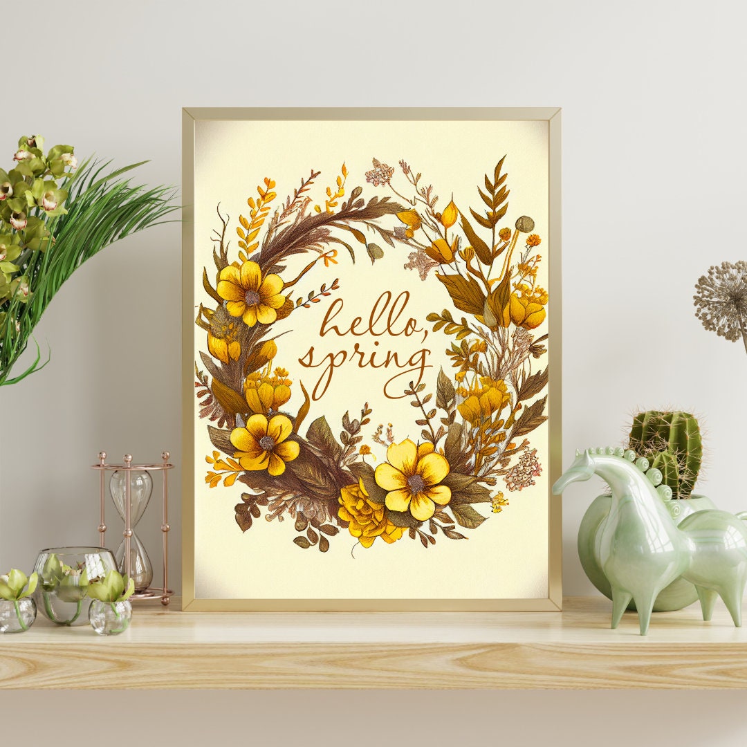 Spring Flowers Wreath Aesthetic Art, Hello Spring, Seasonal Poster ...