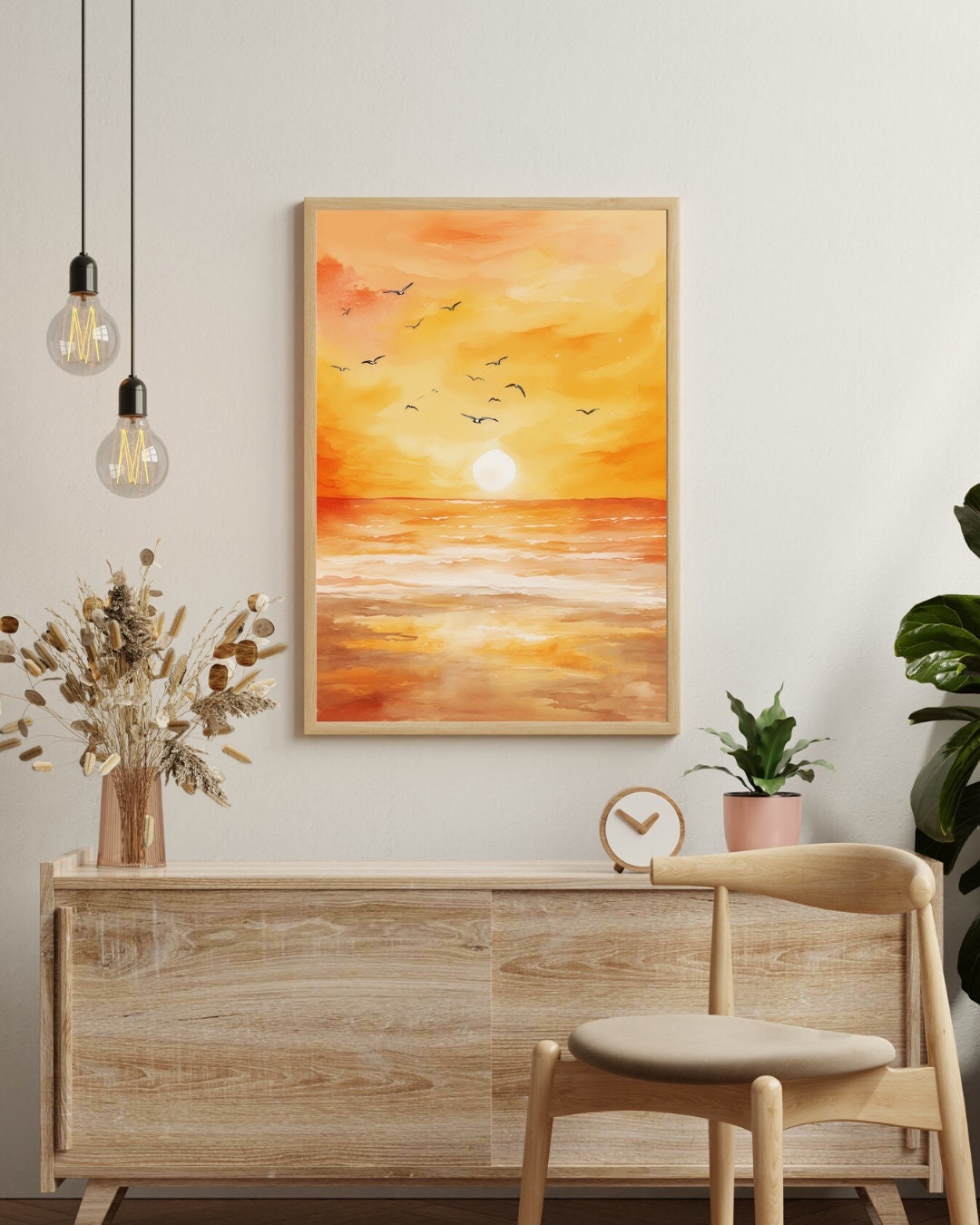 Watercolour Orange Sunset Painting Poster, Beautiful Sunset Wall Art ...