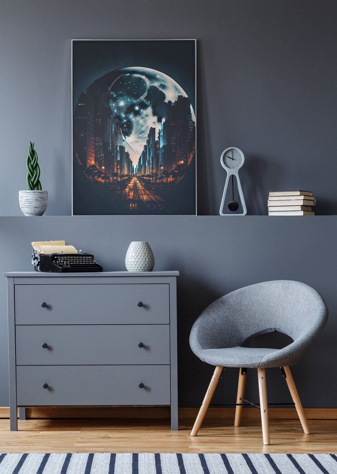 Moon City Night Modern Art Poster, Unique Moon Print, Night Life ...