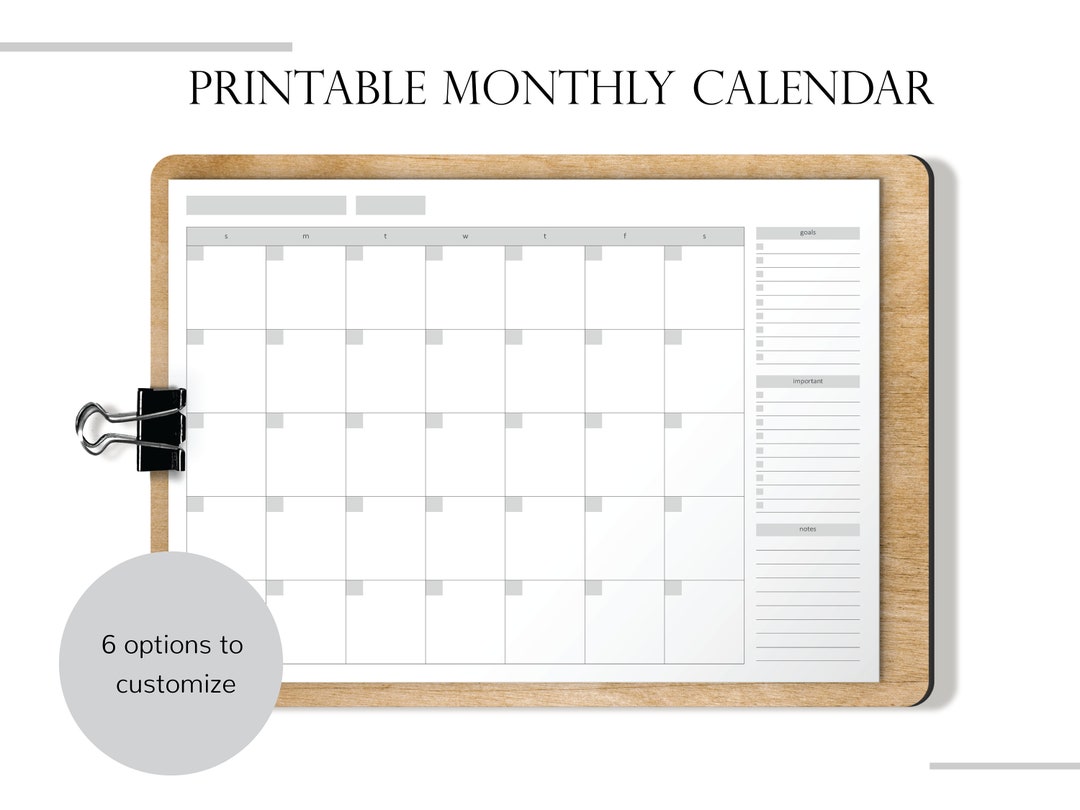 Minimal Monthly Undated Calendar Printable Landscape Template | 8.5 X ...