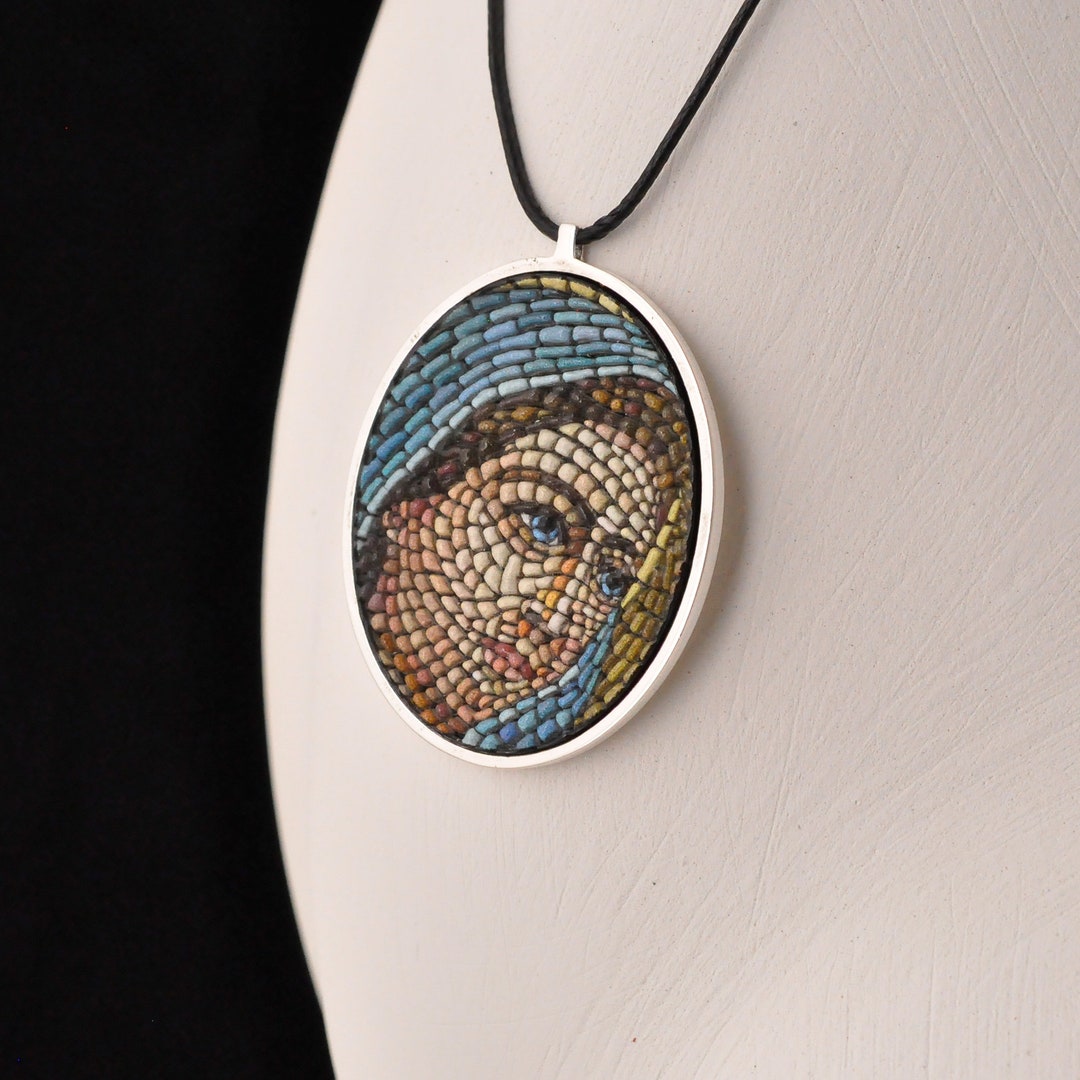 Virgin Mary Chain String, Micro Mosaic Medium Silver Necklace. Gift for ...