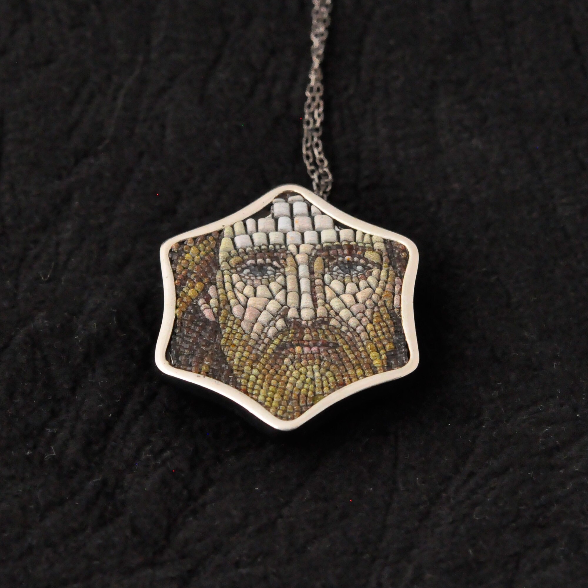 Silver Micro Mosaic Jesus Christ Chain Necklace Hexagon MZ19-0518 ...