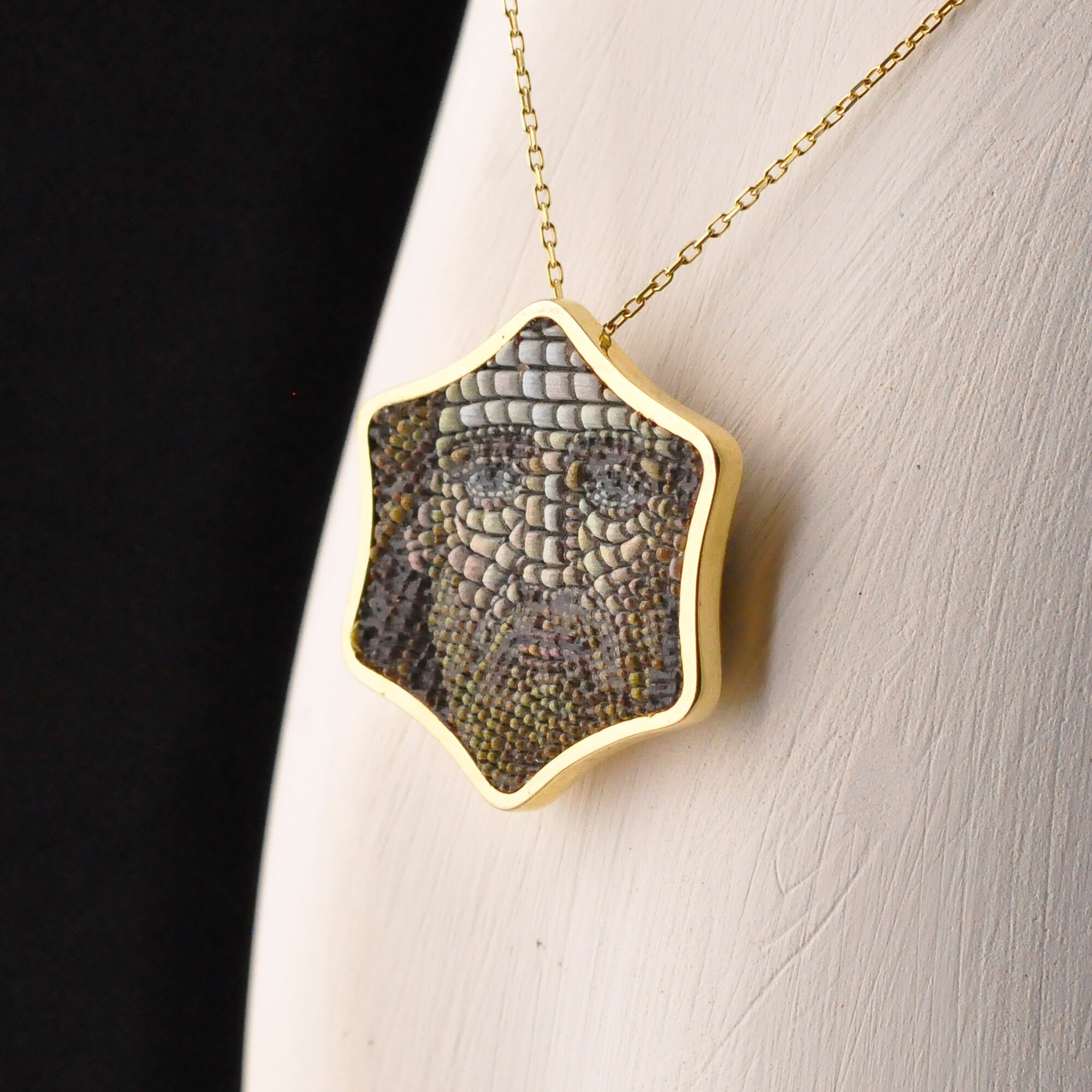 Silver Micro Mosaic Jesus Christ Chain Necklace Hexagon MZ19-0518 ...