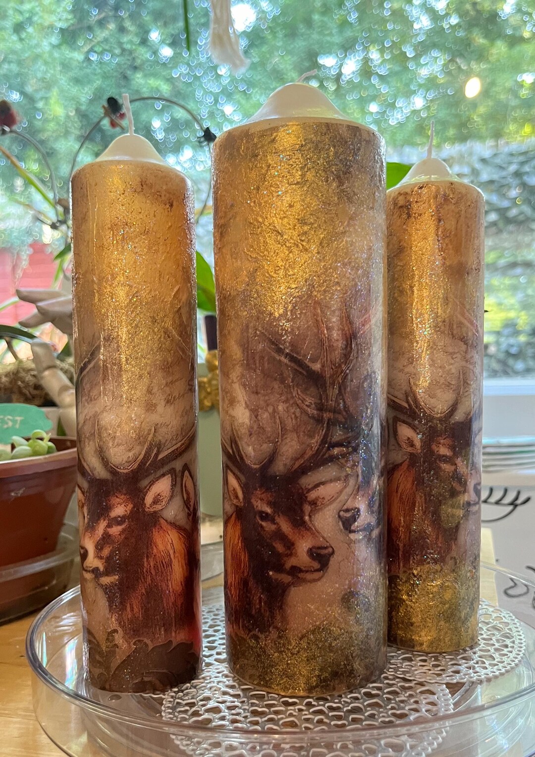 Large/tall Pillar Candles, Gold Doe/stag Textured Design With Some ...