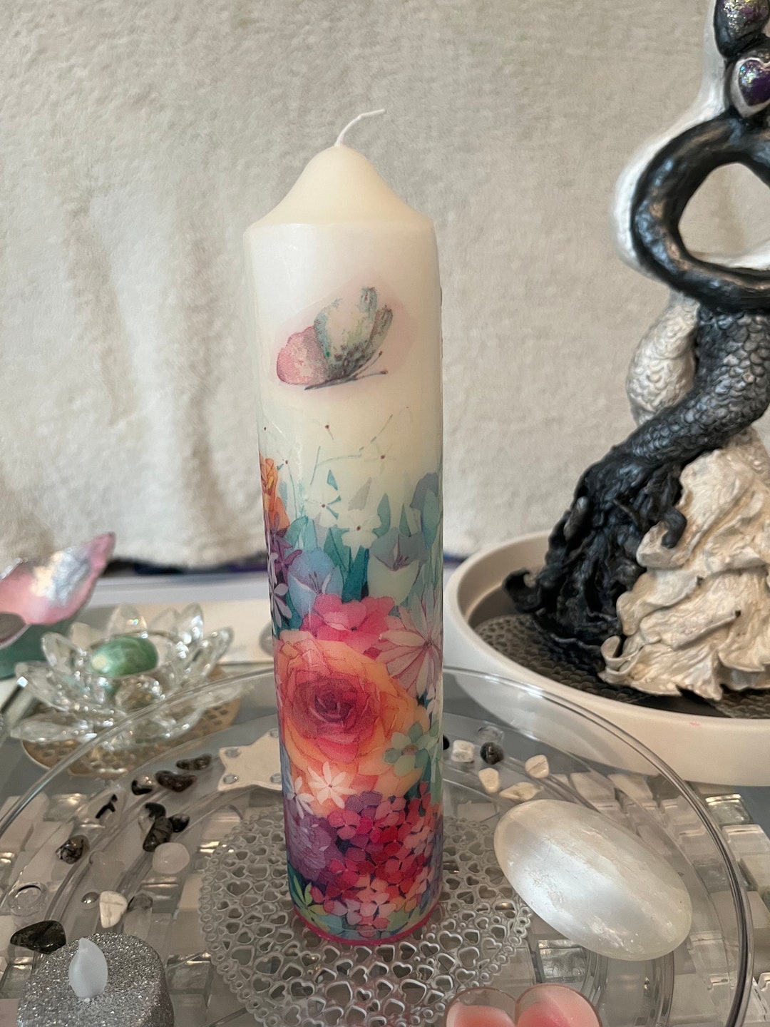 Large Pillar Candle Floral With Butterflies 75hour Burning - Etsy