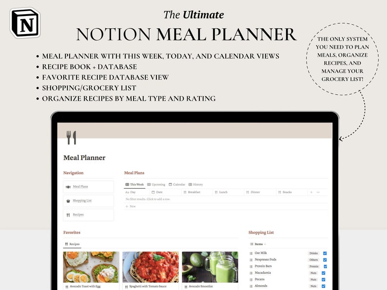 Meal Planner Notion Template | Notion Grocery List | Notion Recipe ...