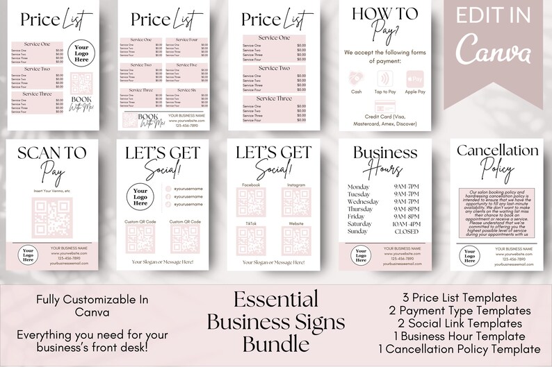 Digital Price List Templates, Front Desk Salon Templates, Business ...
