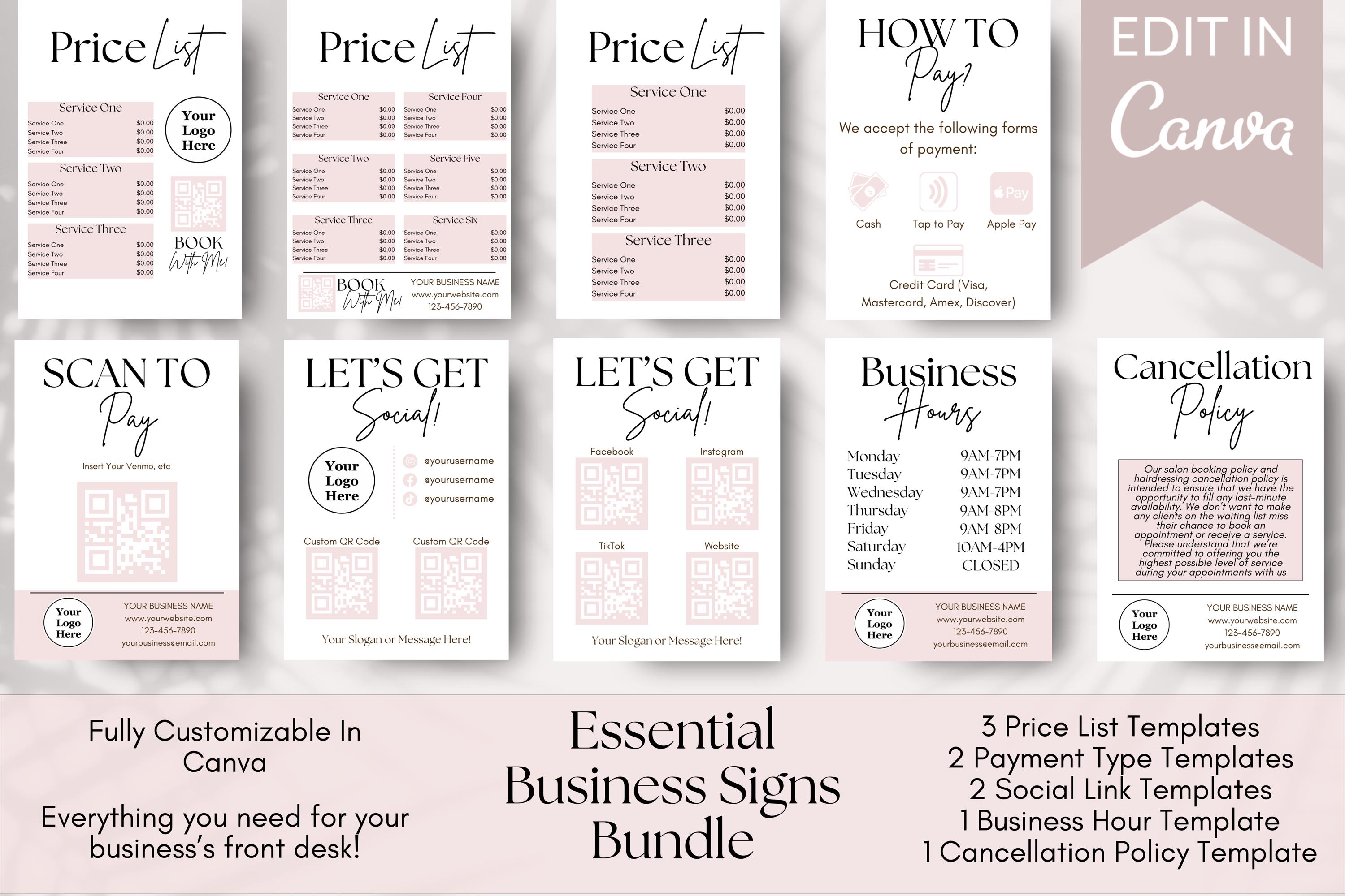 Digital Price List Templates, Front Desk Salon Templates, Business ...