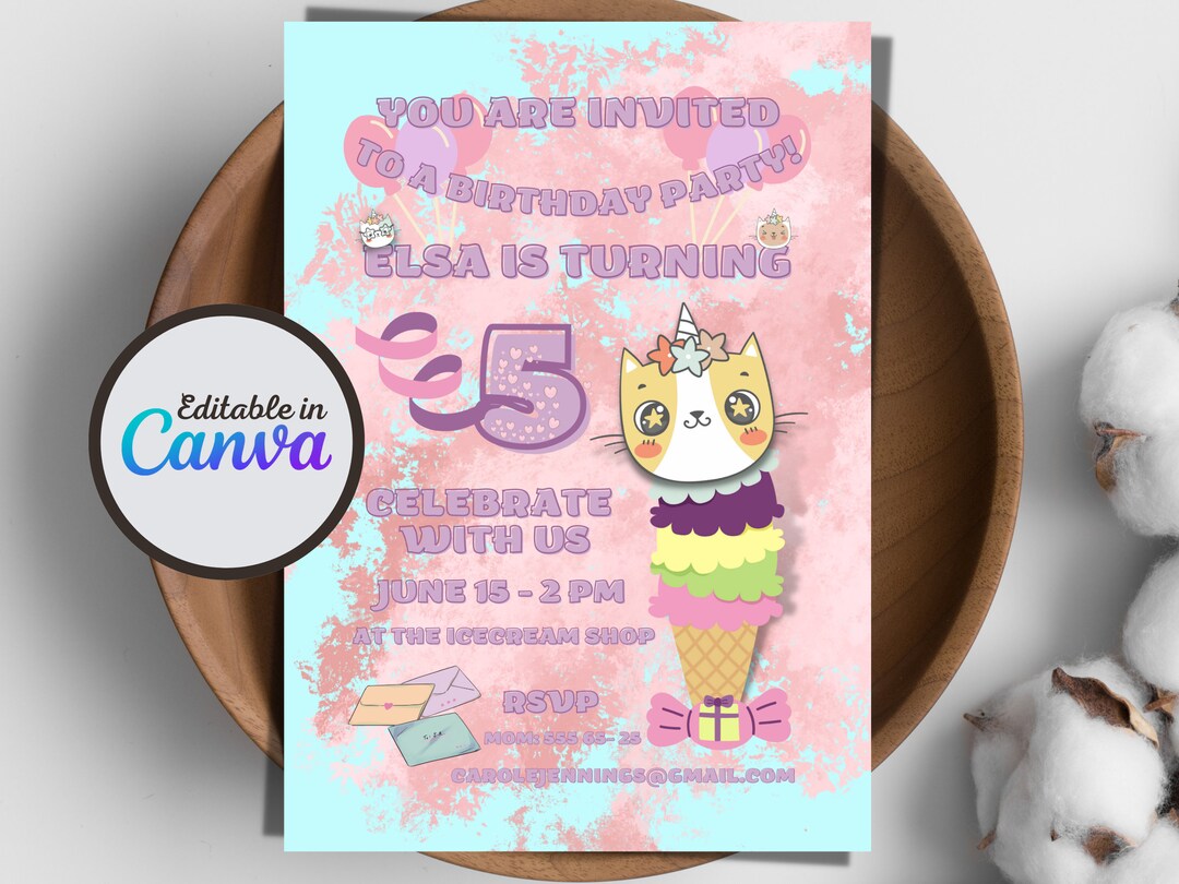 Editable Caticorn Party Invitation, Kawaii Invitation, Printable Kitten ...
