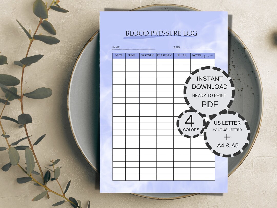 Printable Blood Pressure Log, Blood Pressure Chart, Ready to Print ...