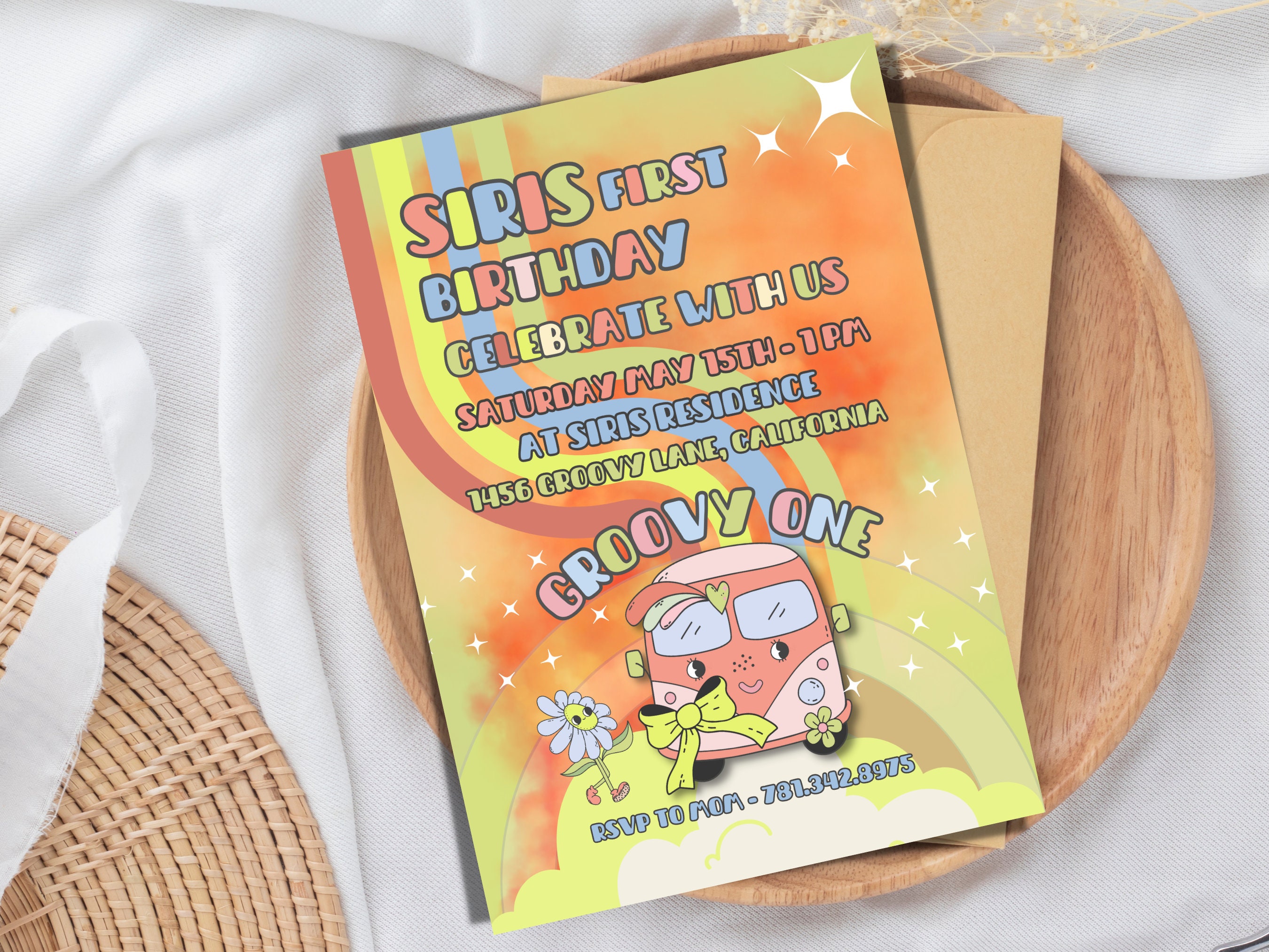 Groovy Party Bus Birthday Invitation, Groovy One Party Bus Invitation ...