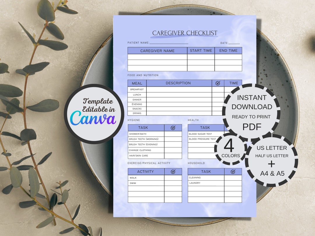 Caregiver Checklist, Printable Caregiver Daily Log, Caregiver Planner ...