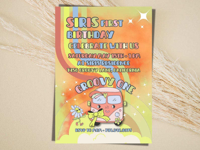 Groovy Party Bus Birthday Invitation, Groovy One Party Bus Invitation ...