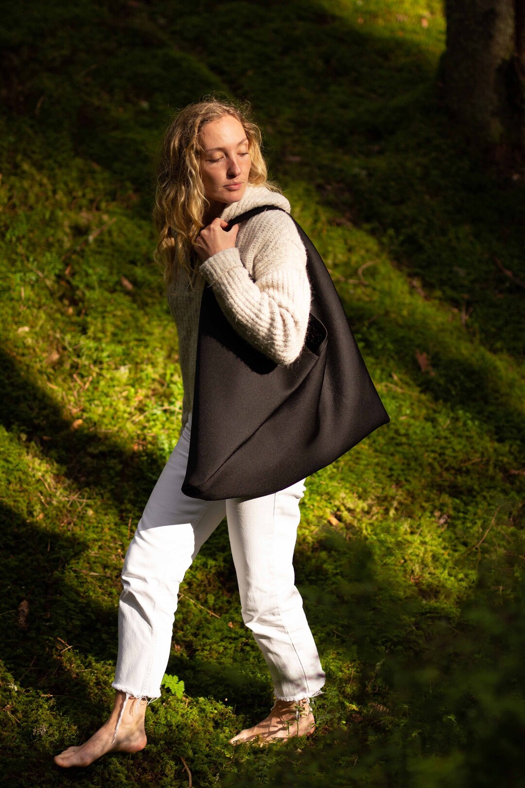 Handmade Triangle Bag Big Tote Bag Black Lycra Scuba Bag Large Shoulder ...