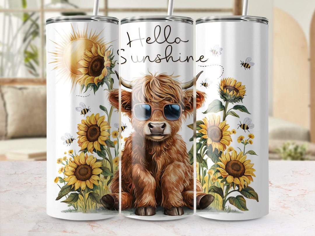 Cute Highland Cow With Sunglasses and Sunflowers Tumbler Wrap Hello ...
