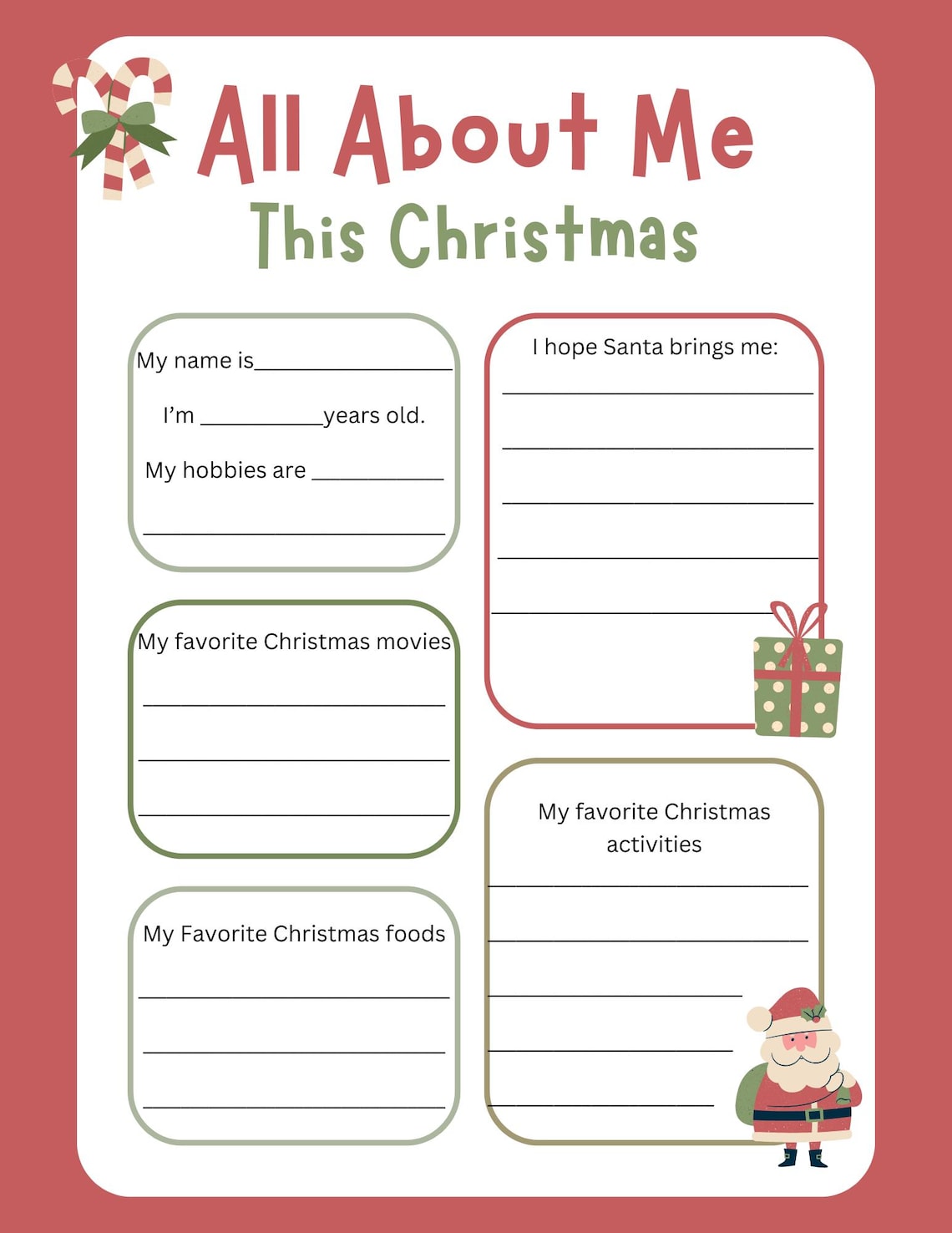 All About Me - Christmas Edition | Fun Printable Activity for Kids - Etsy