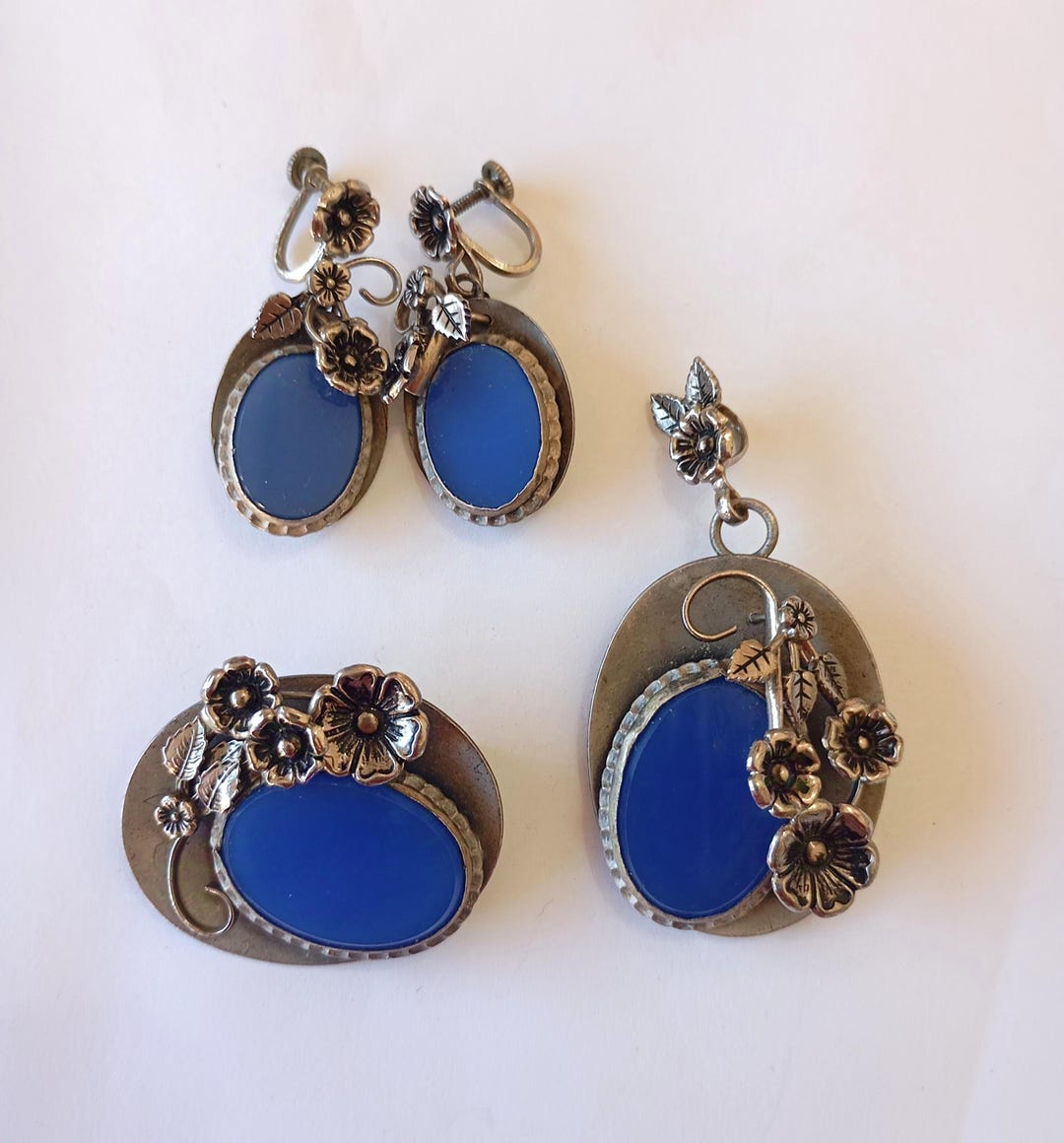 A Vintage Metal and Blue Stone Brooch, Pendant and Earrings Set - Etsy