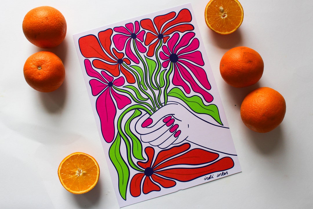 Neon Flower Art Print | Colorful A4 Illustration - Etsy