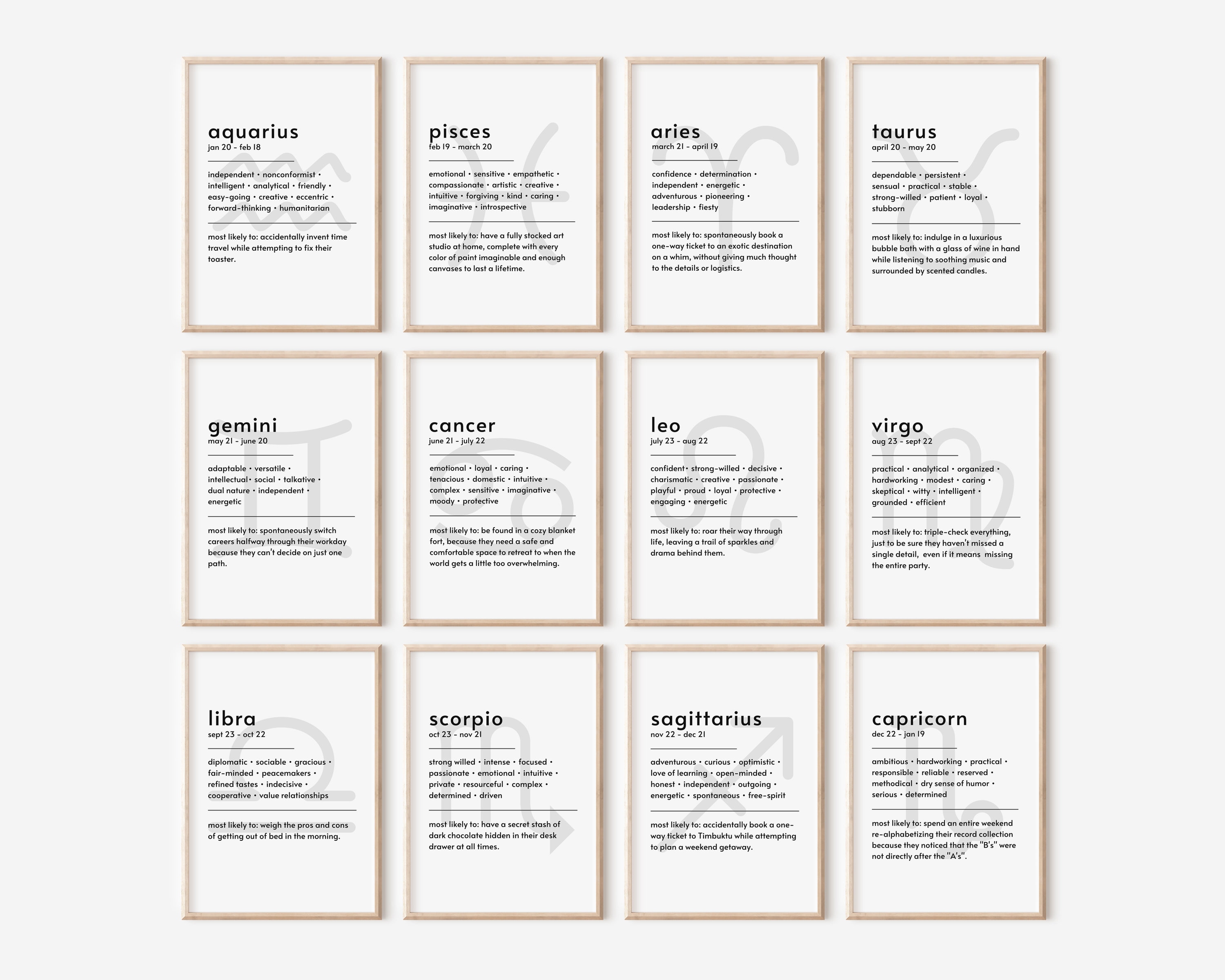 Zodiac Bundle Set of 12 Astrology Artwork Zodiac Gift Set Zodiac Poster ...