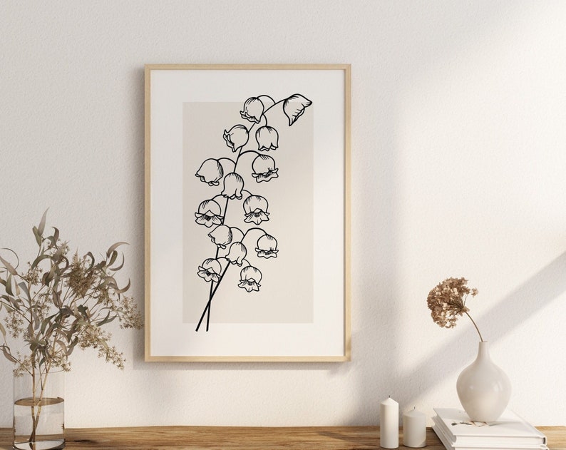 Lily of the Valley Line Drawing Beige Wall Art Print Neutral Minimalist ...