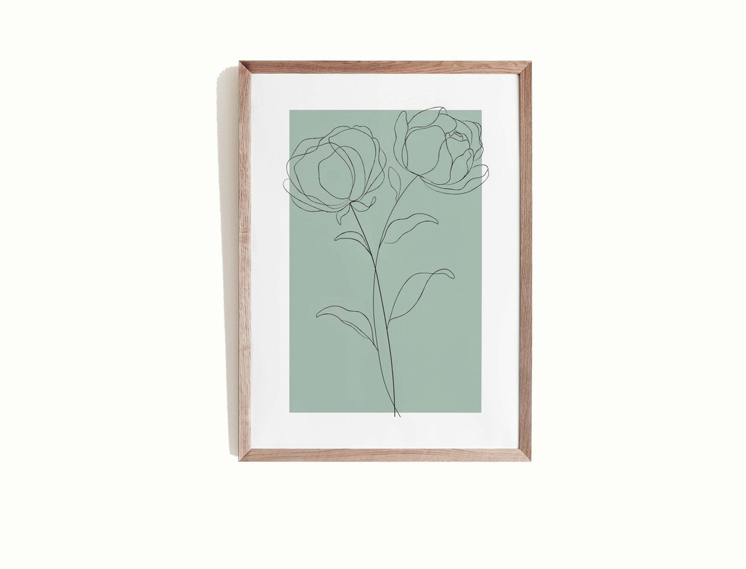 Simple Line Print Peony Line Drawing Green Wall Art Botanical Flower ...