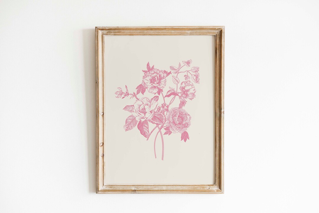 Pink Wall Art Print Vintage Pink Toile Art Aesthetic Chinoiserie Flower ...