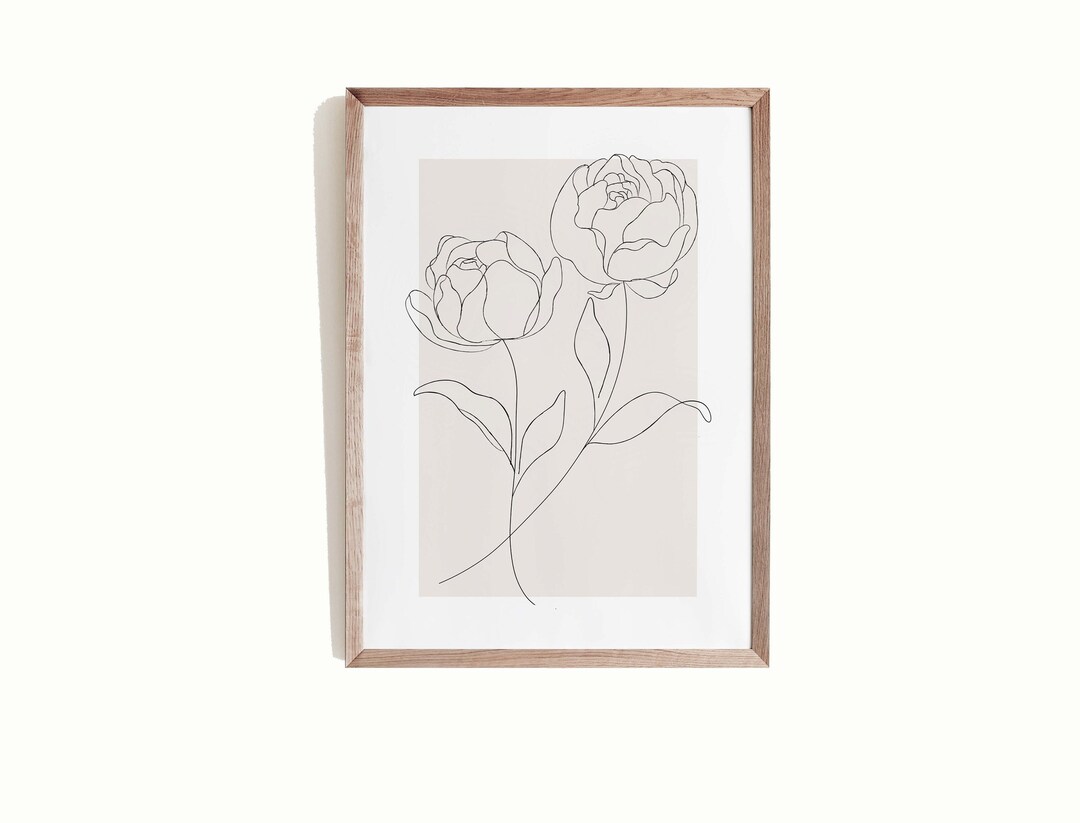 Beige Wall Art Peony Line Drawing Simple Line Print Botanical Flower ...