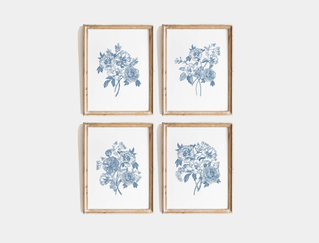 Blue Decor Set of 4 Wall Art Print Antique Blue Toile Art Aesthetic ...