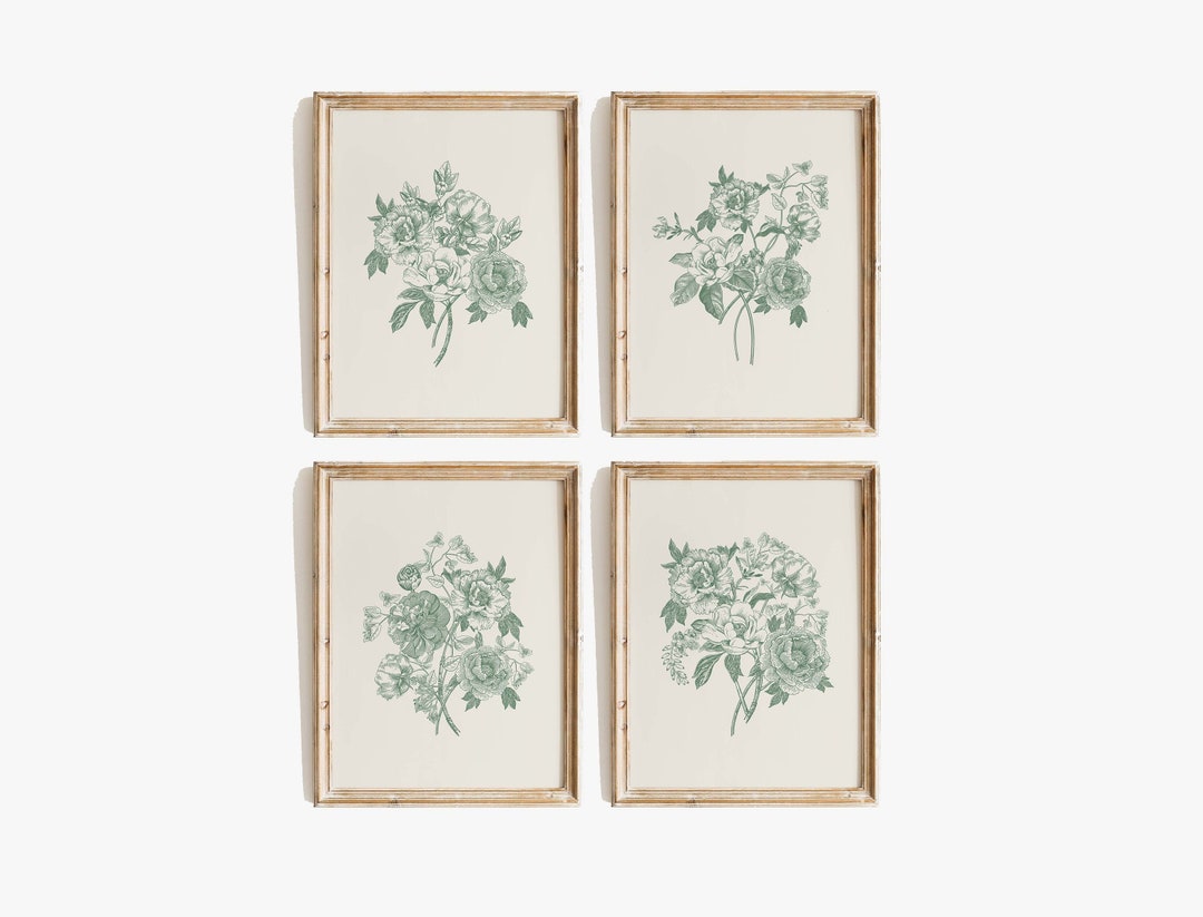 Green Decor Set of 4 Wall Art Print Antique Green Toile Art Aesthetic ...